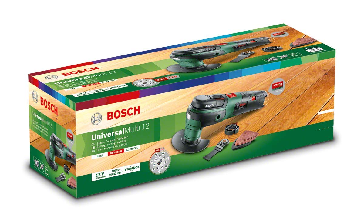 Bosch Home and Garden Cordless Multifunction Tool UniversalMulti 12 (without battery, 12 Volt System, nine-piece accessories set, in carton packaging)