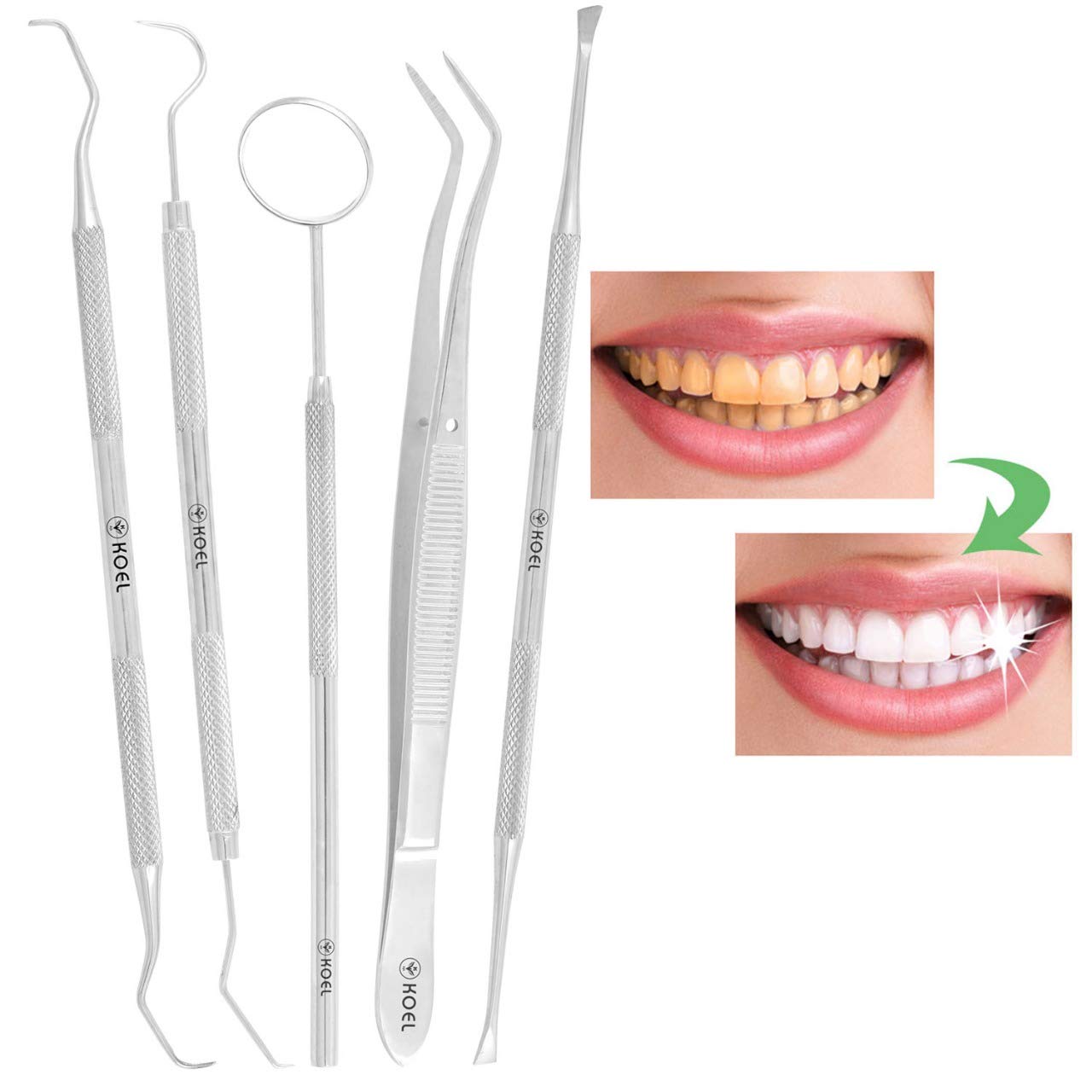 KOEL Dental Tools Kit Stick Oral Care Interdental Teeth Cleaning Teeth Whitening Dentist Floss Calculus Plaque Remover Probe, Mirror Dentist Kit (5P Dental Set)