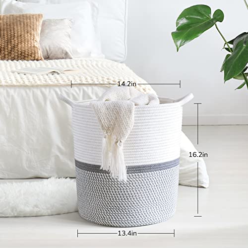 INDRESSME Large Cotton Rope Basket 14.2'' x 13.4'' x 16.2'' Baby Laundry Toy Basket Storage Kids Tall Woven Basket Blanket Nursery Hamper Bin