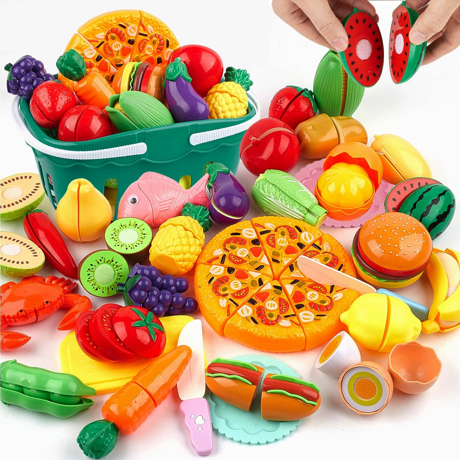 FLMRIOY 77 Pcs Cutting Play Food Toys for Kids Kitchen Accessories Peel & Cut Fruits and Vegetables Pretend Role Play Set with Storage Basket Fake Food Toys for Toddlers Children's Day Gift