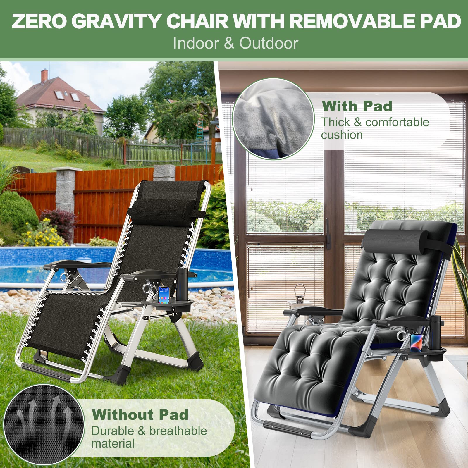 Barbella Zero Gravity Chair Reclining Lounge Chair Patio Chairs, Adjustable Lawn Recliner Folding Lounge Recliners with Removable Cushion, Headrest & Cup Holder, Reclining Chair for Indoor and Outdoor