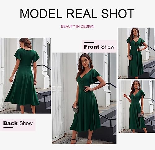 Dokotoo Women's Fall Short Sleeve Casual Dresses V-Neck Floral Party Dress Green L