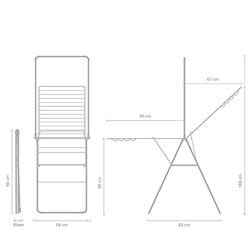 Brabantia HangOn Laundry Drying Rack with Garment Rail (82ft / Metallic Gray) Compact, Foldaway, Adjustable Indoor Stainless Steel Clothes Horse