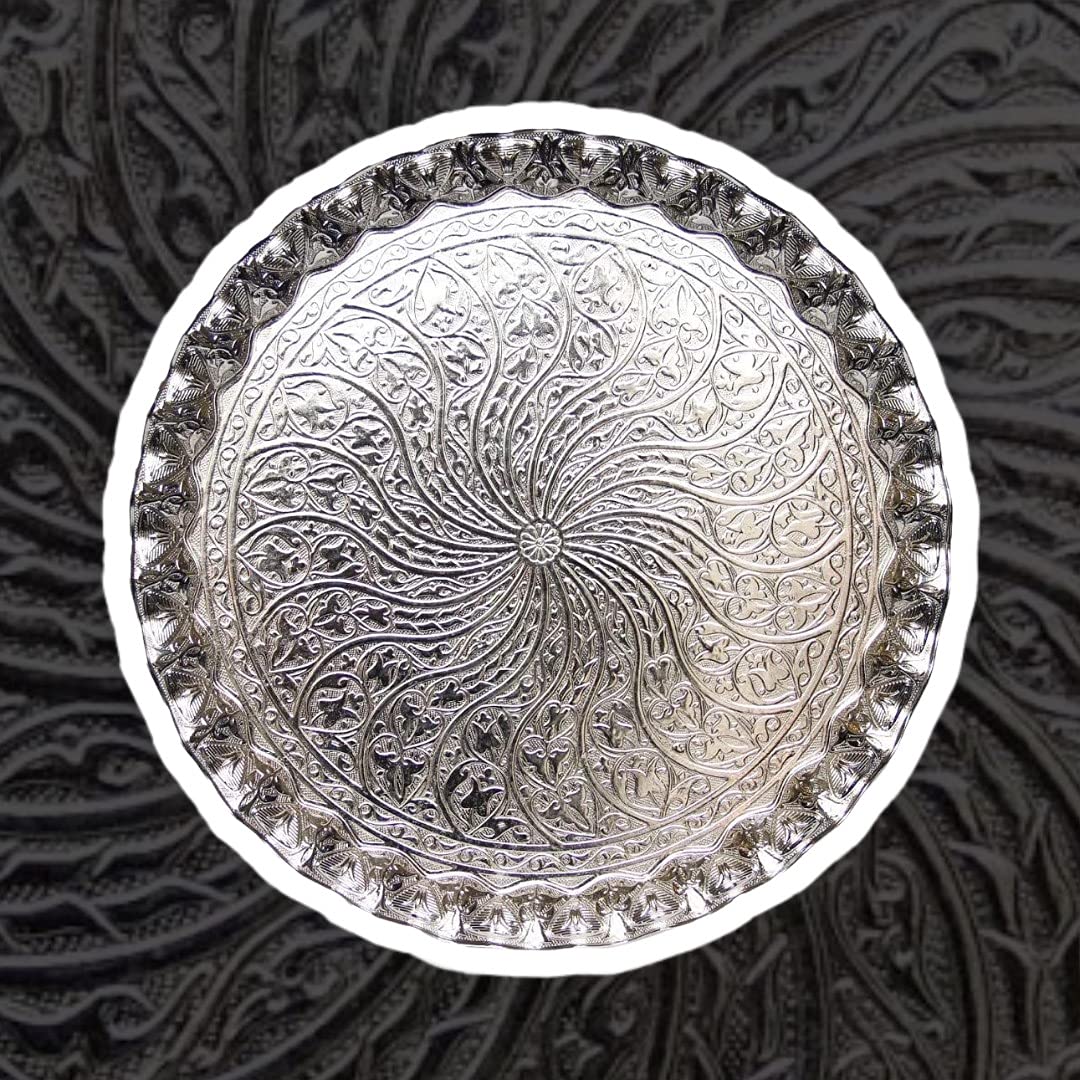Alisveristime Turkish Ottoman Coffee Tea Serving Tray β 11.8 Inches, Wavy Zamac Tray with Traditional Motifs, Available in Five Color Variations (Silver)