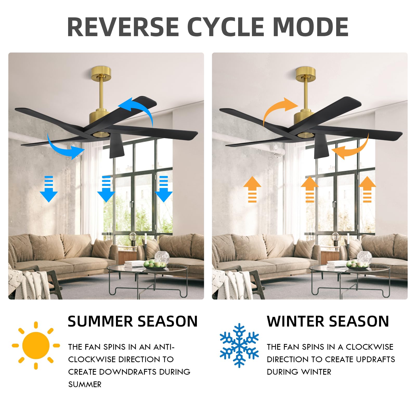 ACOZ 64" ABS DC Ceiling Fan No Light, 5 Blade ABS Plastic Ceiling Fan with Remote, 6-Speed Reversible DC Motor, Ceiling Fan without Light for Kitchen Bedroom Living Room, Brass and Matte Black