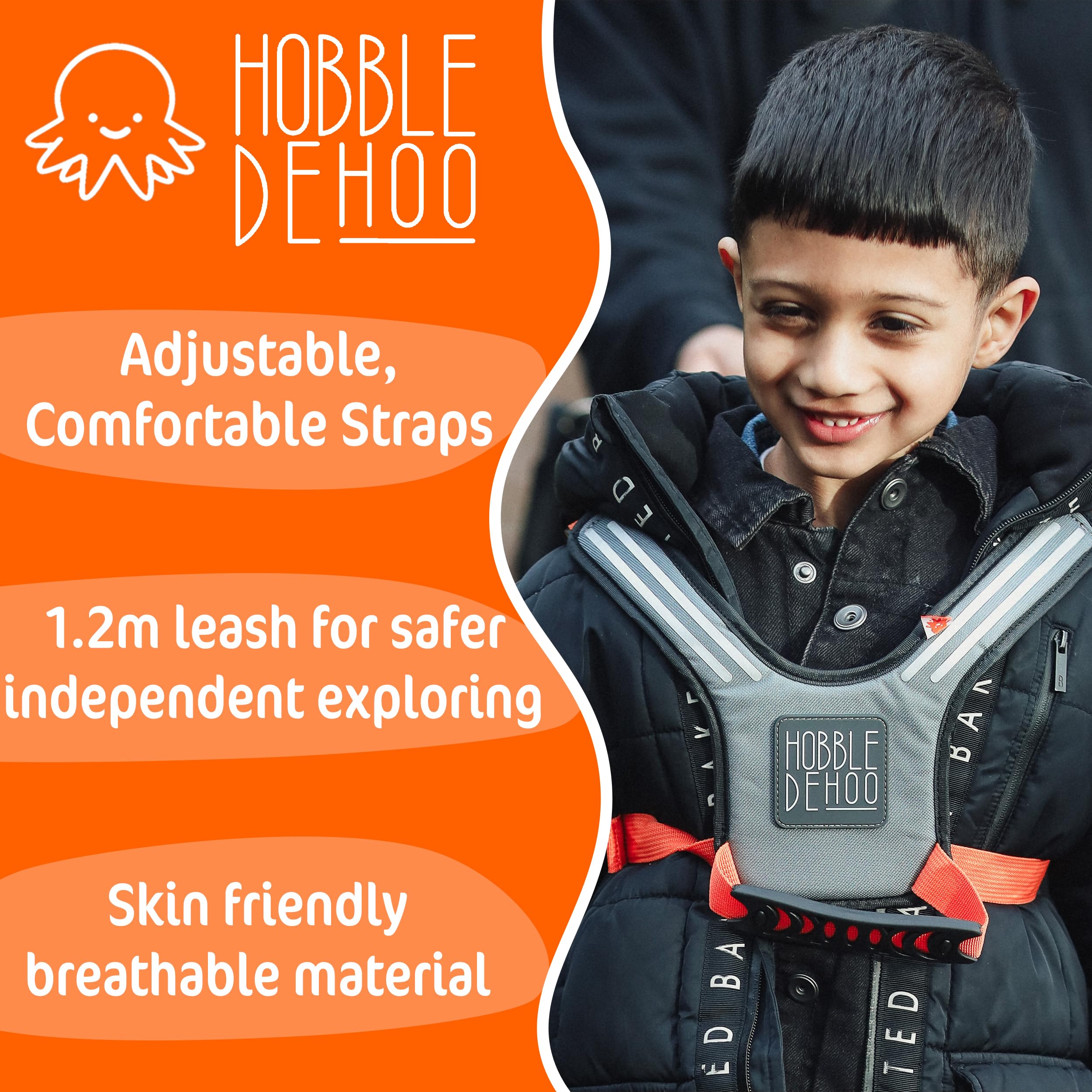 Hobbledehoo Active Child Harness, Safety Harness For Kids & Toddlers Aged 2-7 Years, Child Harness For Walking & Supporting SEN and Special Needs (Orange Harness with Leash)