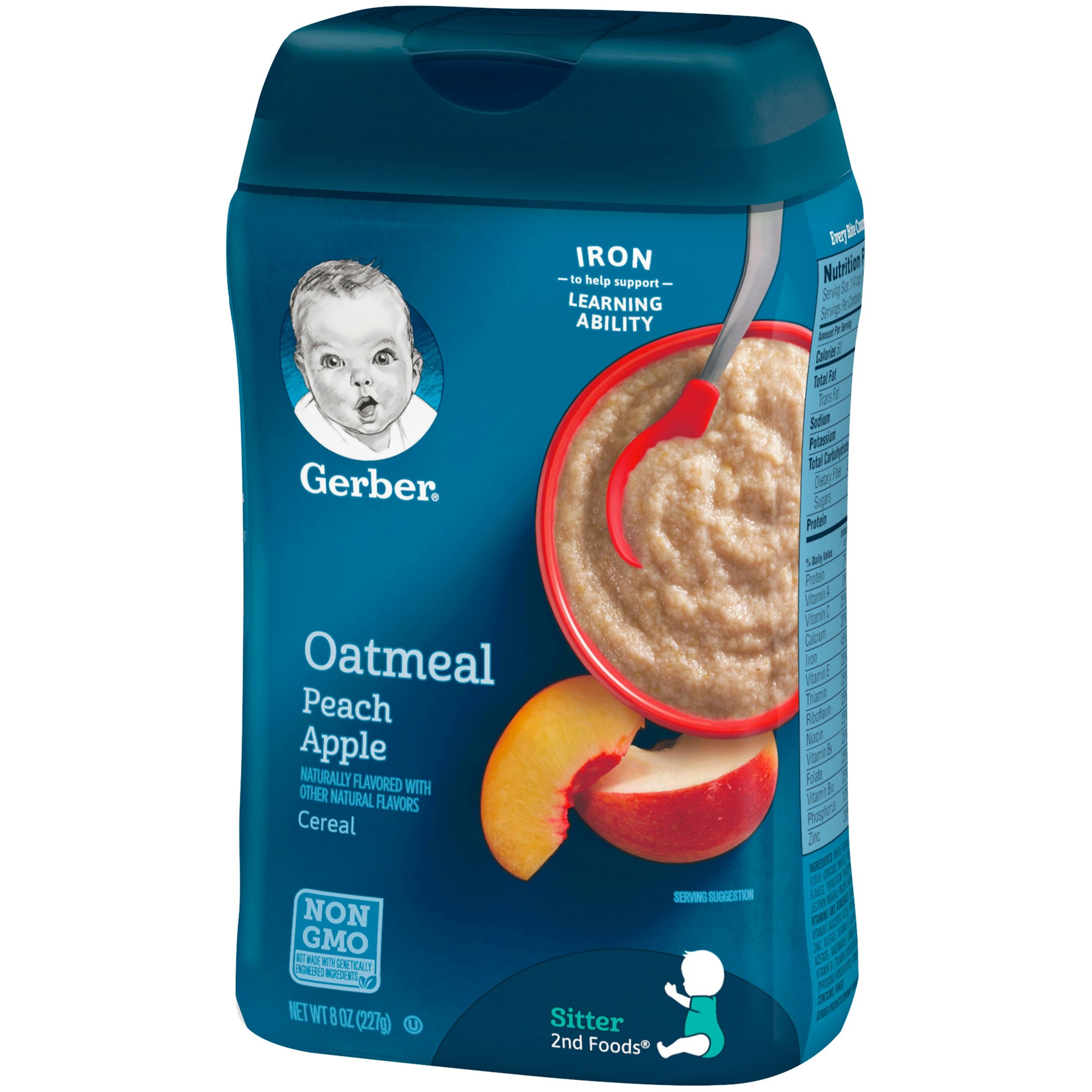 Gerber Probiotic Oatmeal and Peach Apple cereal helps expose babies to new tastes while providing essential nutrition. Gerber cereals have iron to help support learning ability as well as Calcium, Vitamins C and 6 B Vitamins for healthy growth.