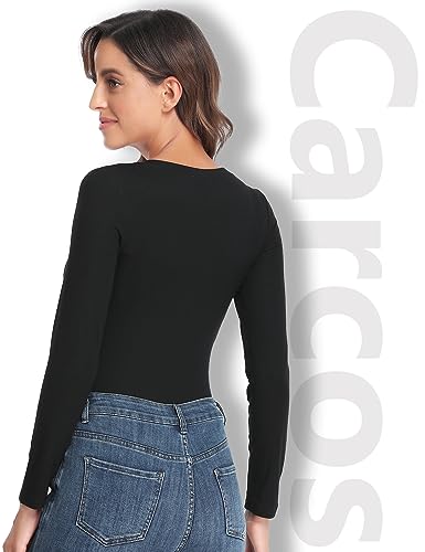 CARCOS Women's Casual Tops Sexy V Neck Long Sleeve Pullover Underwear Tee Slim Fit Basic Shirts Black L