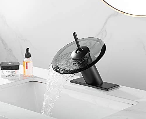 Bathroom Faucet Black Glass Waterfall Spout Single Handle 360° Swivel Solid Brass Bath Basin Lavatory Sink Vanity Faucet One or 3 Hole Commercial with Deck Plate