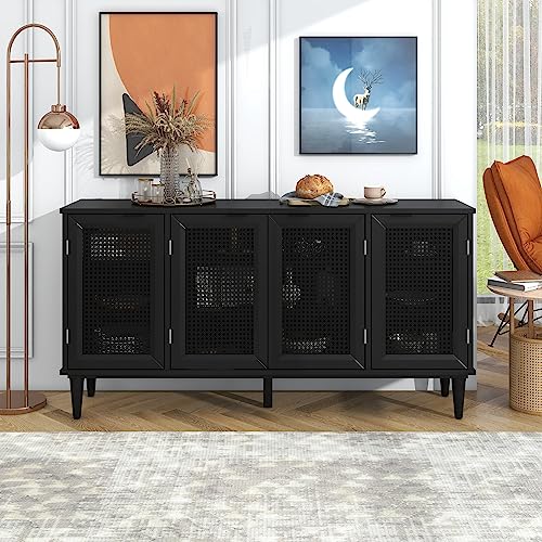 Black Sideboard Buffet Cabinet with Artificial Rattan Door, Large Buffet Sideboard Storage Cabinet with Adjustable Shelves, Sideboard Buffet Table for Living Room, Kitchen, Dining Room