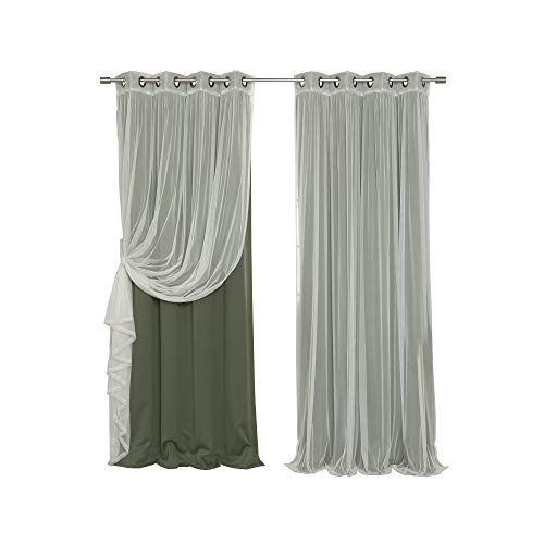 Best Home Fashion uMIXm Tulle Sheer Lace and Blackout 4 Piece Curtain Set – Antique Bronze Grommet Top – 52" W x 84" L – (Set of 4 Panels) (52" W x 84" L - Each Panel, Moss)