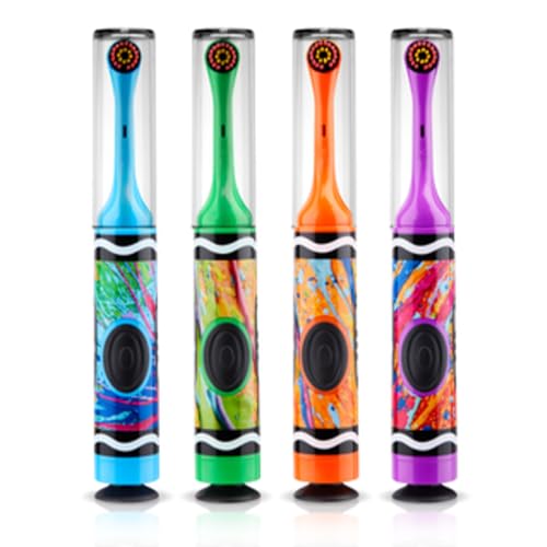 GUM Crayola Power Toothbrush for Kids, Extra Soft Bristled Toddler Toothbrushes, Travel Cap + Suction Cup Base, Batteries Included, 1ct