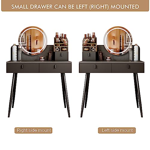 DOLILO 35" Vanity Desk with Mirror and Lights, Makeup Vanity with Lights, 3 Modes Brightness Adjustable, Vanity Mirror with Lights and Table Set with Vanity Stool 3 Sliding Drawers (Iron Grey)