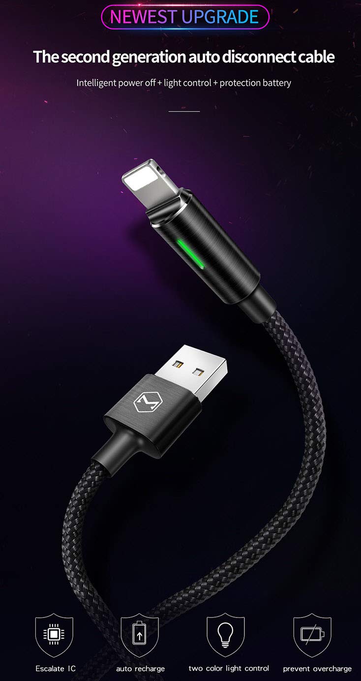 Power Off/On Smart LED Auto Disconnect and Auto Recharge Nylon Braided Sync Charge USB Data 6FT/1.8M Cable Compatible New Phone List Below (Black, 4FT/1.2M)