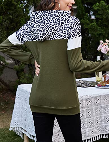 Bluetime Women Pullover Sweatshirt with Pocket Color Block Long Sleeve Fall Tops Shirts Leopard Hoodies (XL, Leopard Olive Green)