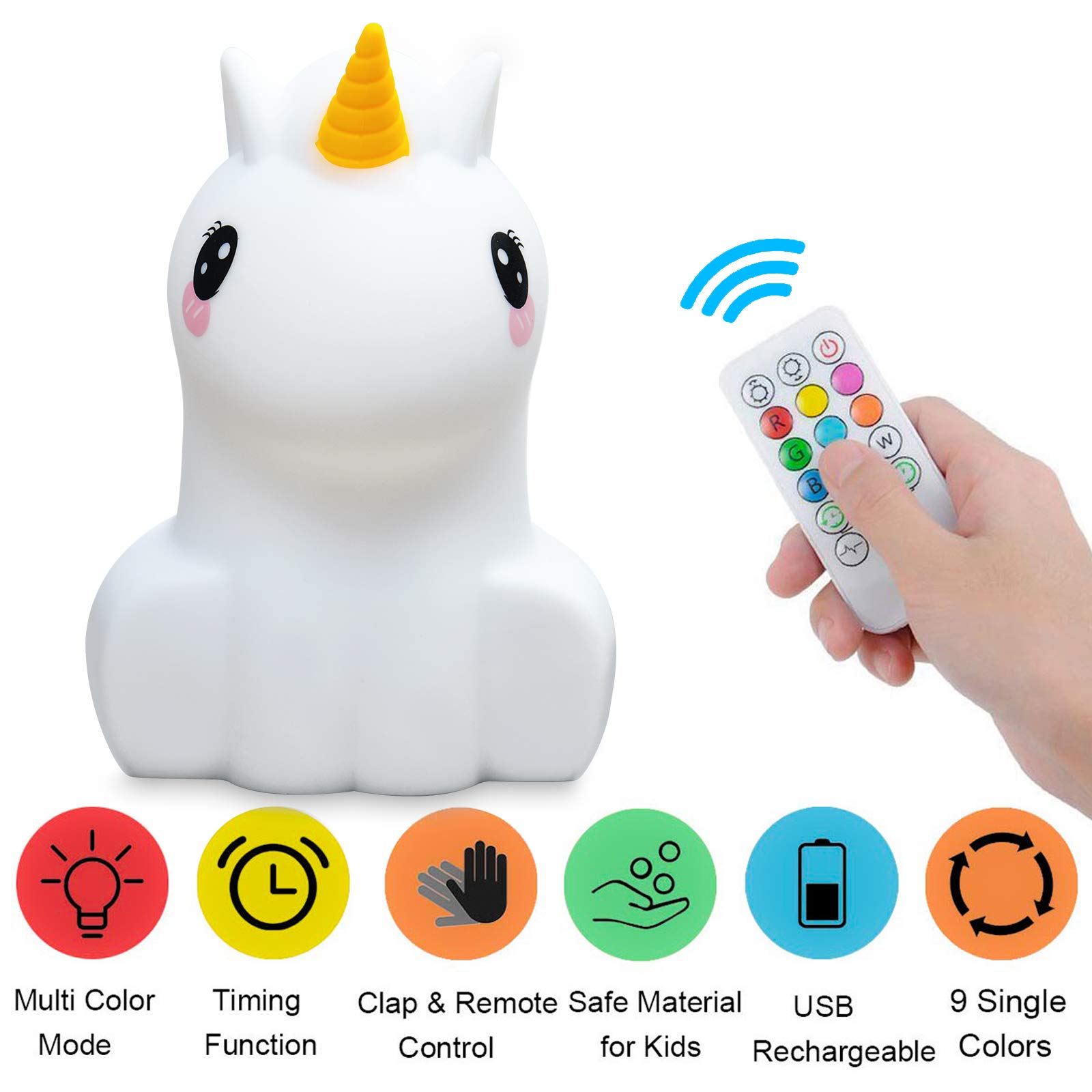 Yuede Night Lights for Kids Room, LED USB Rechargeable Silicone Night Lights with Touch Sensor and Remote Control -9 Color Changing Glow Soft Gifts for Baby (Cute Animal)