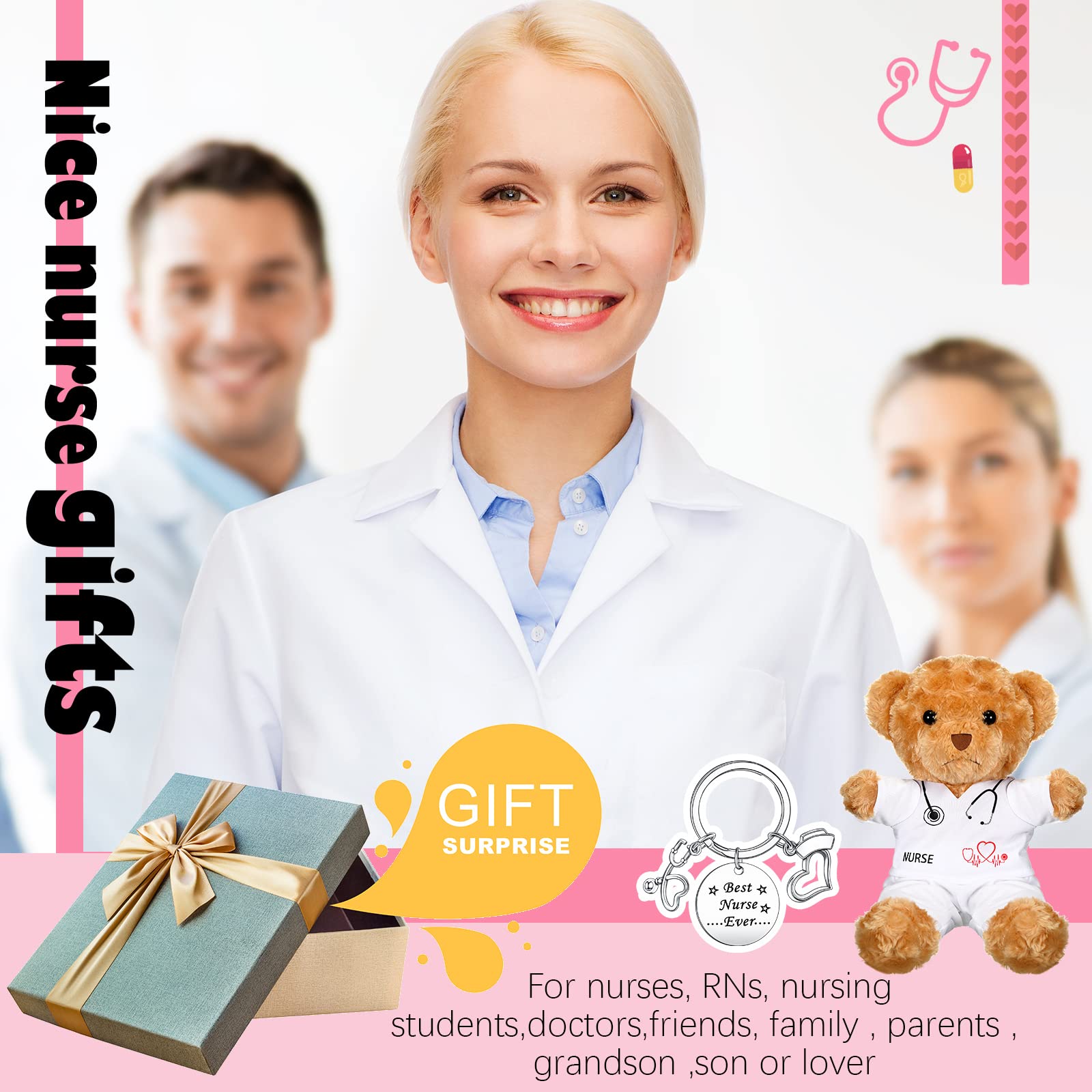 Hinly 2 Pcs Nurse Appreciation Gifts Nurse Bear Plush Toy Stuffed Animal Nurse Keychain Doctor Practitioner Graduation Gifts(White)