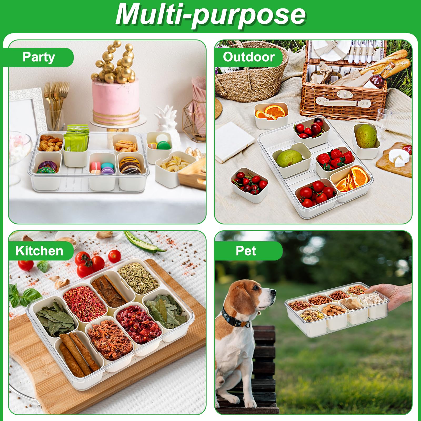 Divided Serving Tray Snack Platter Container with Lid & Handle, 8 Compartments Portable Food Fresh-Keeping Storage Box Vegetable Organizer for Refrigerator Perfect for Party & Picnic