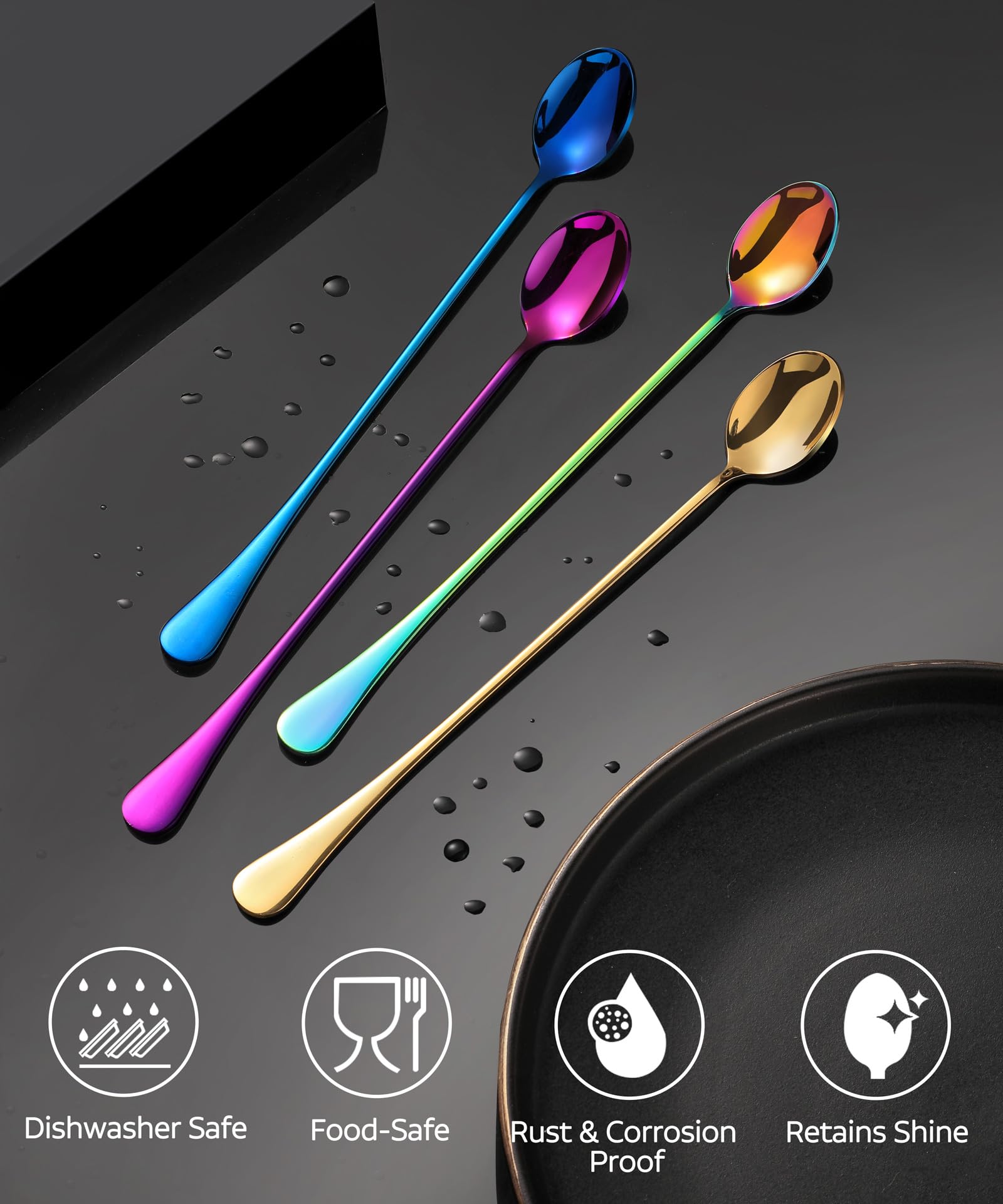 Lovingly Yours 9.5-Inch Long Handle Ice Tea Spoons, Ice Cream Spoons, Iced Teaspoons Long Coffee Spoons, Stainless Steel Stirring Spoons, Set of 4