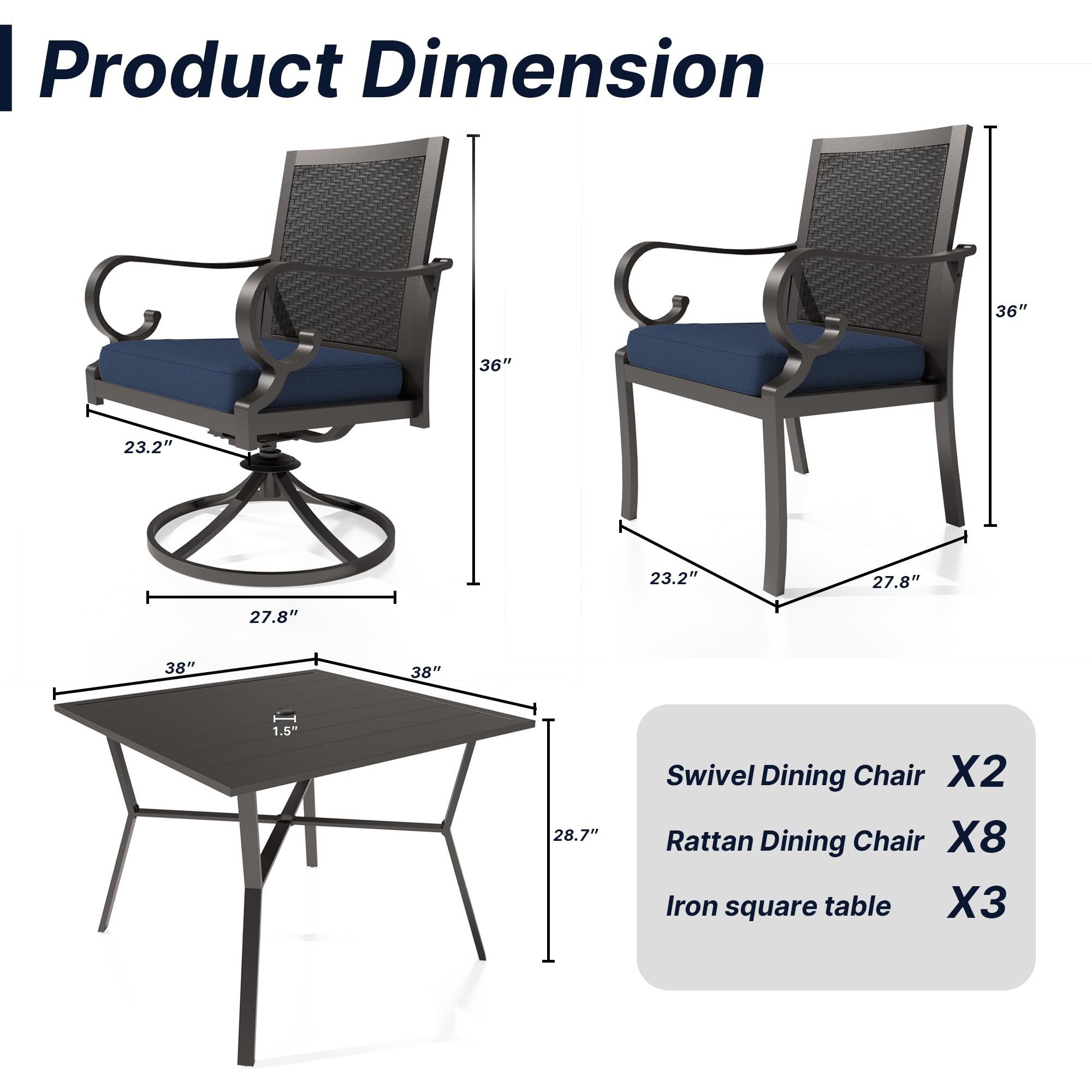 RTDTD 13 Pieces Outdoor Dining Set Patio Dining Table and Chairs Set Outdoor Furniture Set with 3 Square Metal Dining Tables with Umbrella Hole,10 Wicker Patio Chairs with Dark Blue Cushions