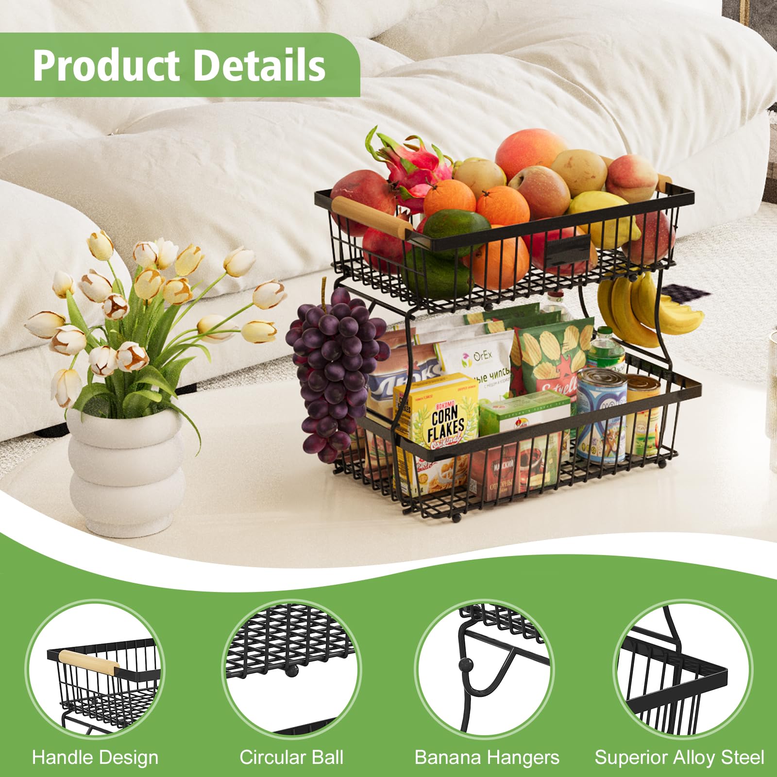 Astrorhine 2 Tier Fruit Basket for Kitchen with 2 Banana Hangers, Detachable Metal Wire Fruit Bowl for Kitchen Counter, Large Capacity Fruit Vegetables Storage Stand Holder for Snack Fruit Veggies