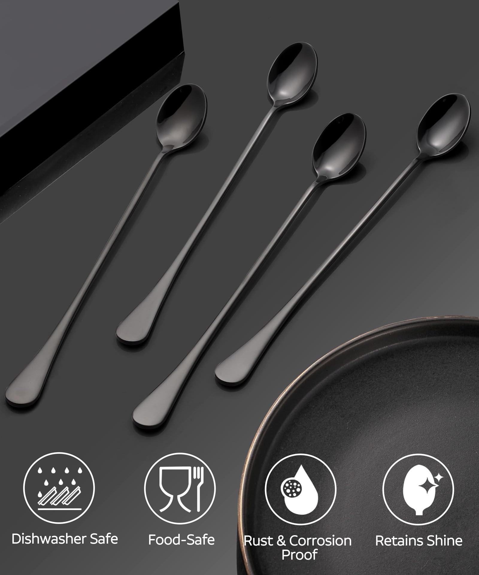 Lovingly Yours 9.5-Inch Long Handle Ice Tea Spoons, Ice Cream Spoons, Black Long Coffee Spoons, Stainless Steel Long Spoons for Stirring, Set of 4