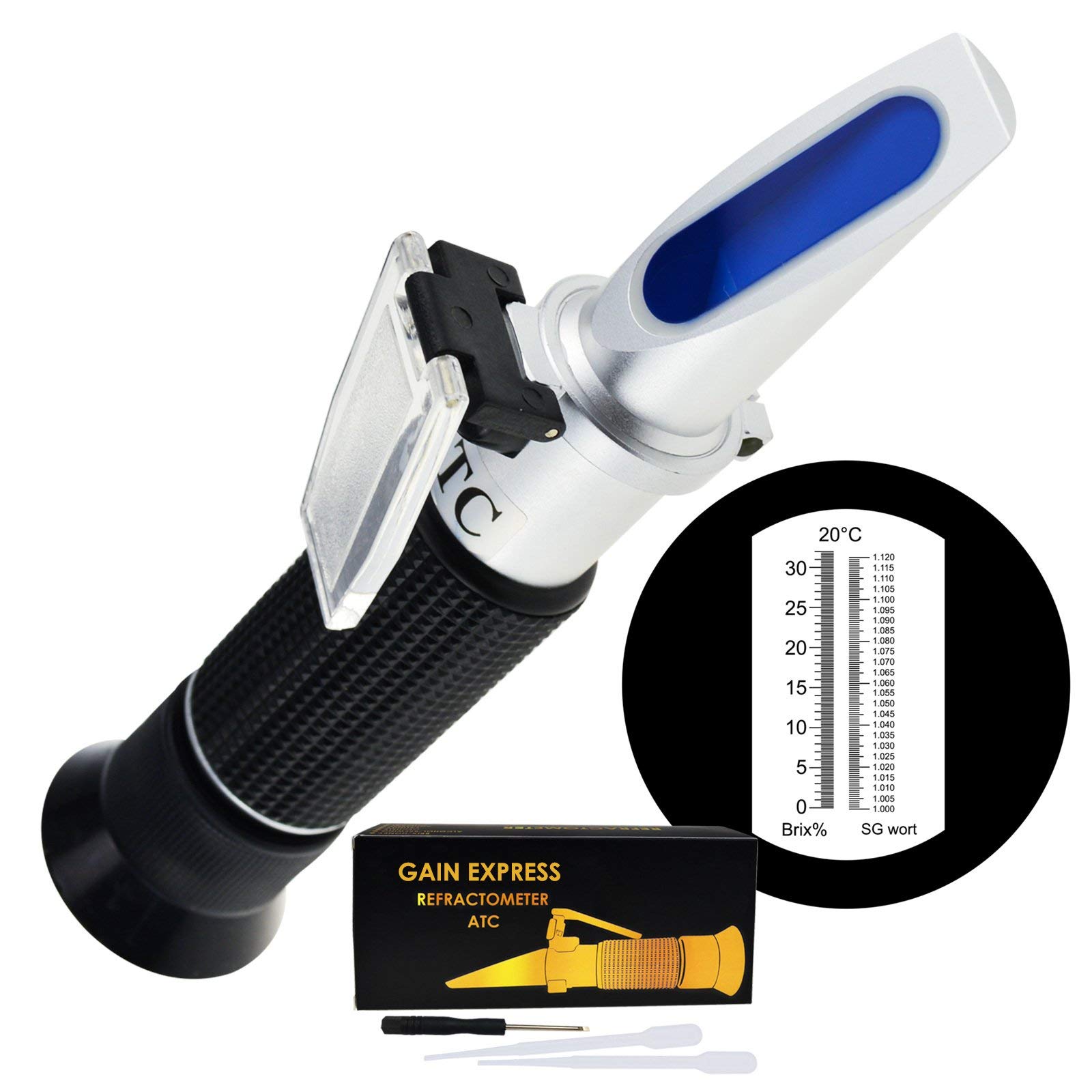 Beer Brix & Specific Gravity Refractometer with ATC Optic Dual Scale 0~32% Brix 1.000-1.120 SG Wine Wort Making Beer Brewing Fruit Juice Hops Sugar Homebrew Kit