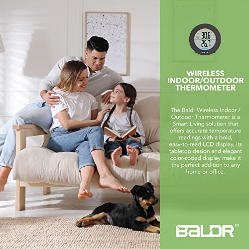 BALDR Wireless Indoor/Outdoor Thermometer - Surface or Wall Mounted Temperature Monitor, 2.5β LCD Display Thermometer with Min/Max Records & Trend Arrows Sign - Portable Home Weather Station (Black)