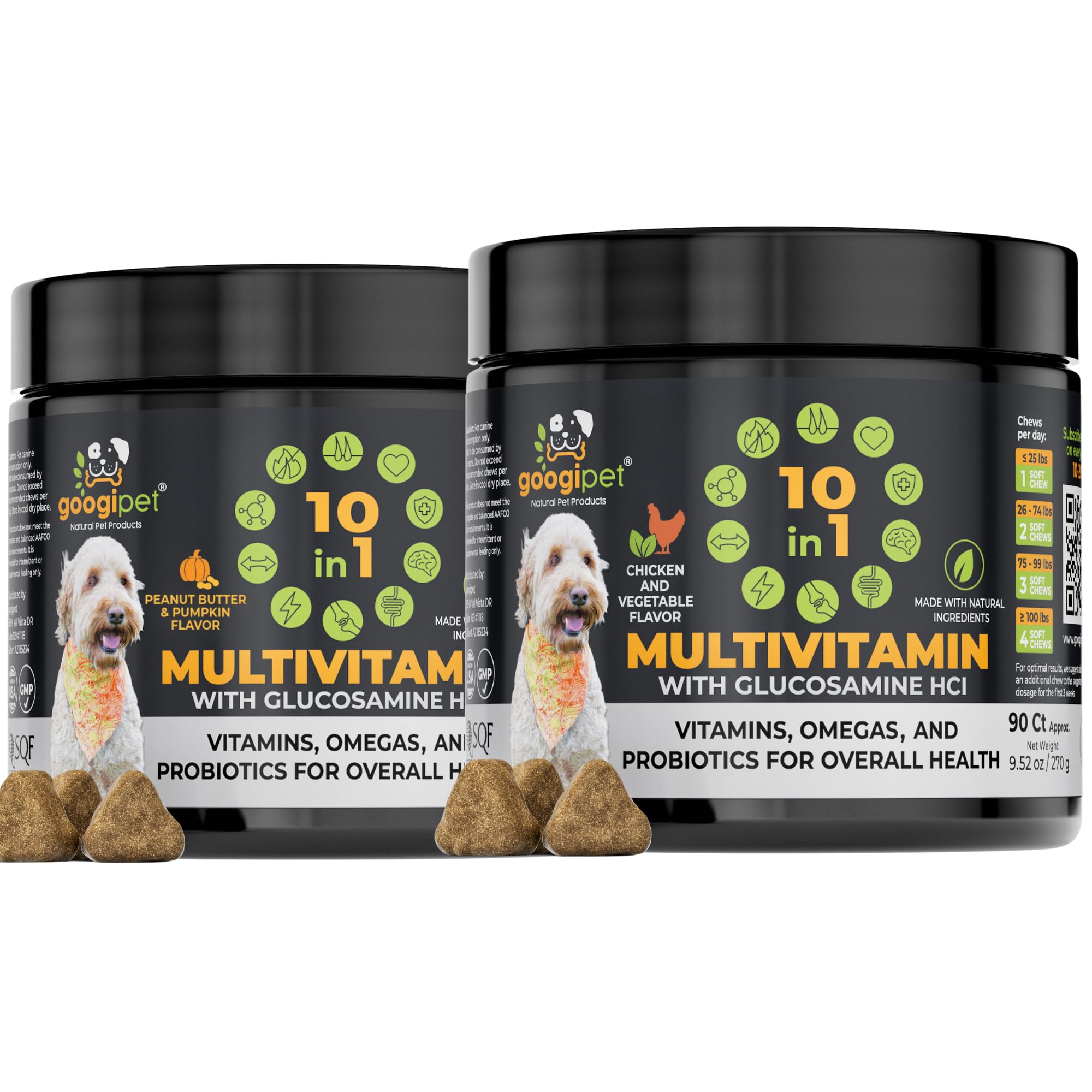 Googipet Multivitamin 2 Pack Bundle - 1 90 Count Chicken & Vegetable Flavor + 1 90 Count Peanut Butter & Pumpkin Flavor