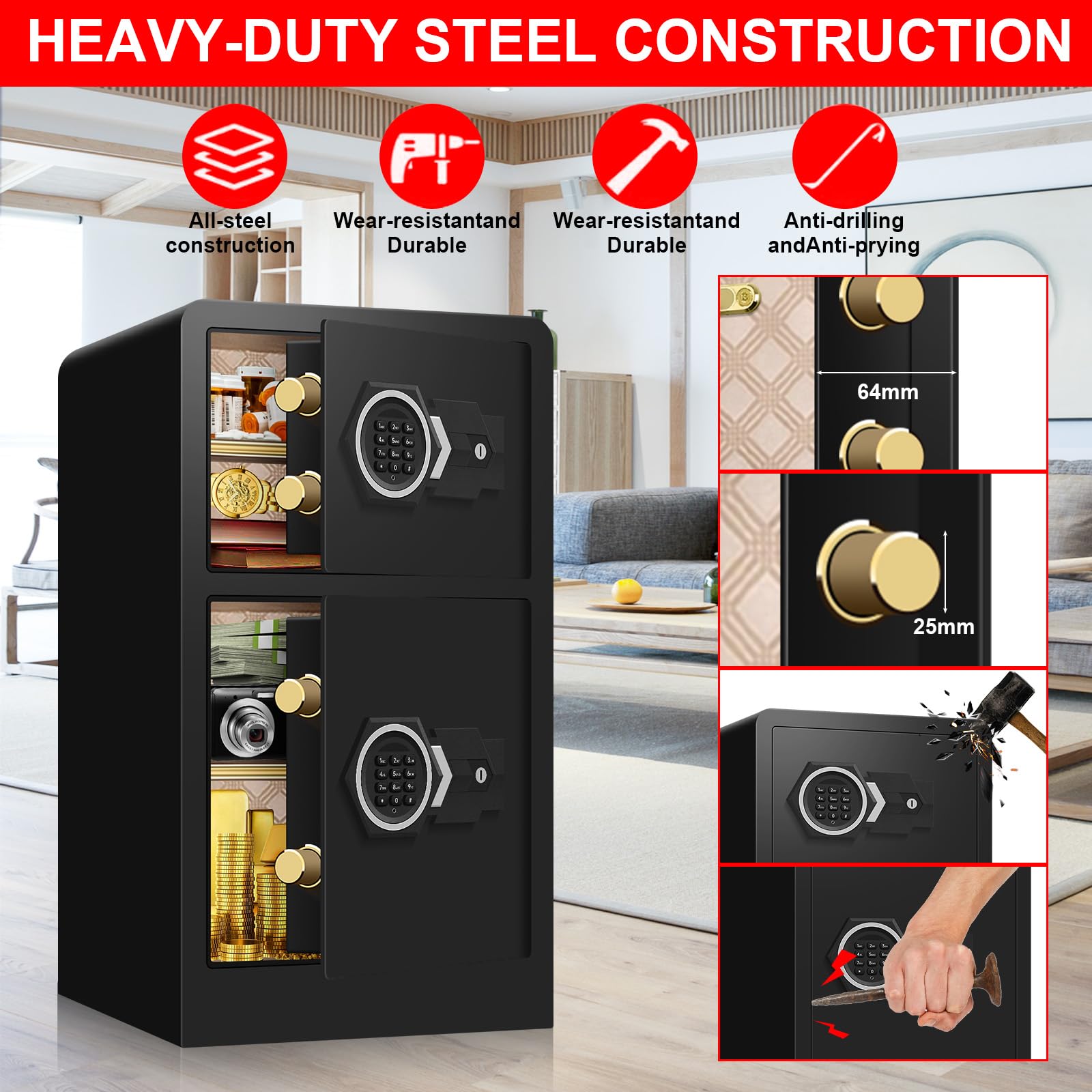 6.1 Cu ft Extra Large Home Safe Fireproof Waterproof, Anti-Theft Digital Home Security Safe Box With Hidden Compartment, Double Safes, Separate Lock Box and Led Light(31.1" x 17.0" x 15.9")