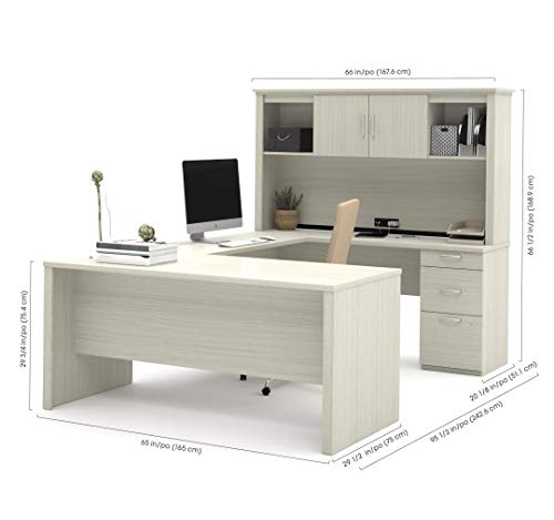 Bestar Logan U-Shaped Desk with Hutch, Lateral File Cabinet, and Bookcase, 66W, White Chocolate