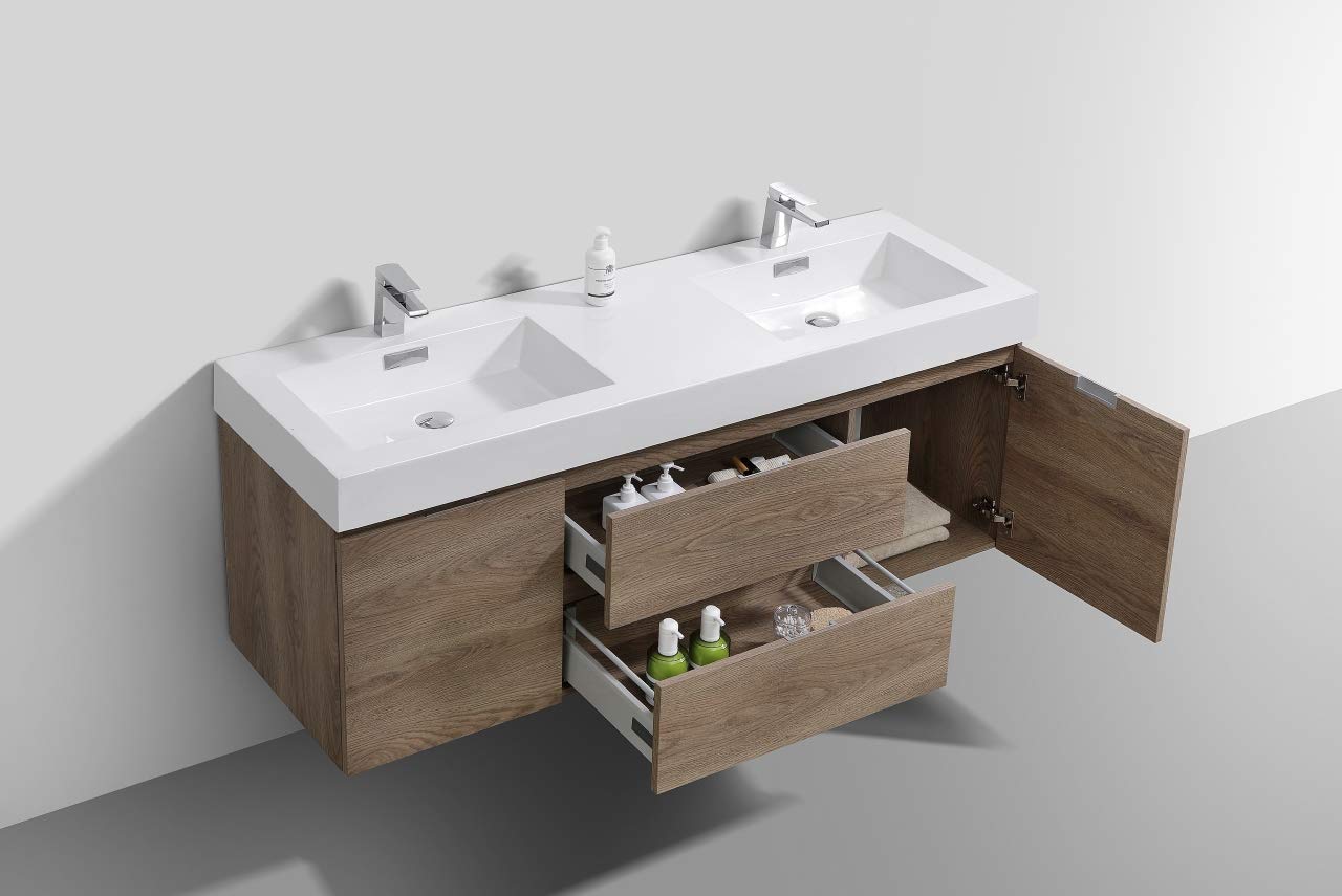 Bliss 60" Double Sink Butternut Wall Mount Modern Bathroom Vanity