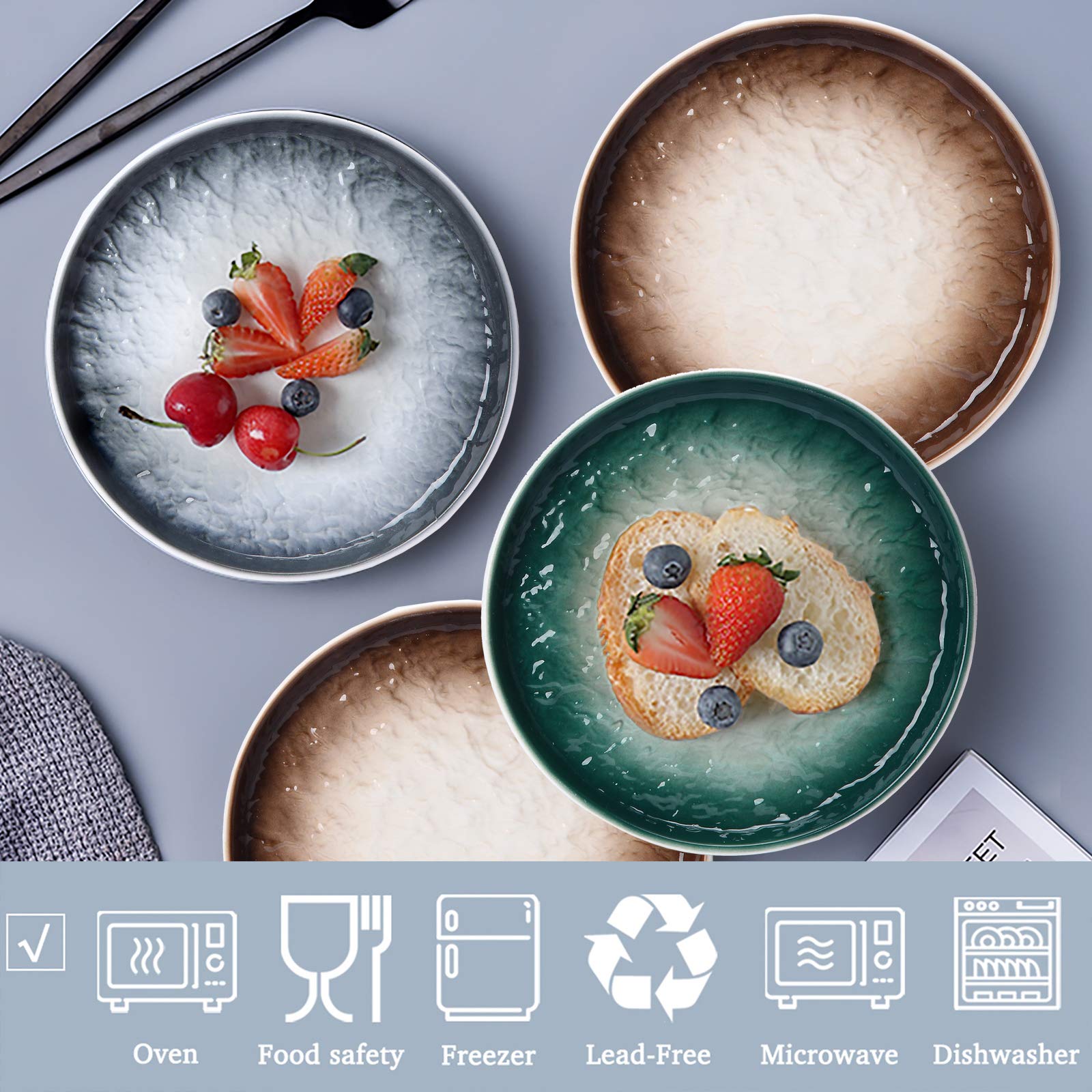 Aquiver 6'' Ceramic Dessert Plates - Porcelain Water Wave Relief Texture Appetizer Plates - Tea Party Small Serving Plates for Cake, Pie, Snacks, Ice cream, Side dish, Waffles, Set of 6 (3 Colors)