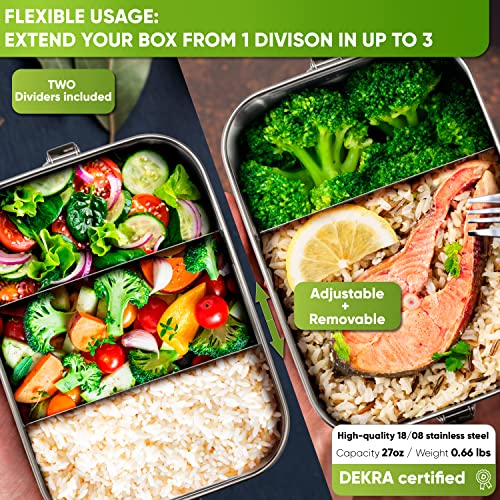 Blockhuette Stainless Steel Lunch Box for Adults I 27oz I Bento Box with 3 Compartments, Leak-Proof Container, Metal Lunchbox for Travel & Work, Eco-Friendly Meal Storage Solution, incl free Sealing