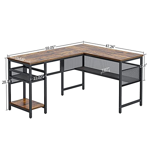 CubiCubi L Shaped Desk with Storage, 59.1 Inch Corner Computer Desk with Shelves, Home Office Workstation for Study or Working, Rustic Brown