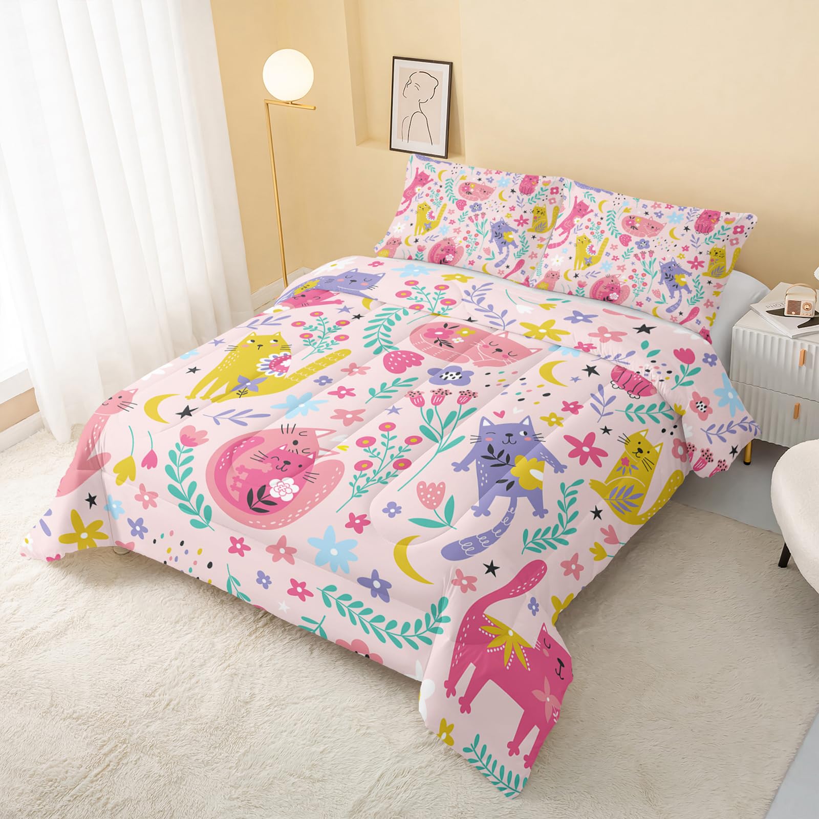 QOOMO Floral Cat Comforter Twin Size,Pink Cat Comforter Set for Kids Teens Girls,3Pcs Bedding Set Printed Comforter with 2 Pillowcases,Down Alternative,Soft and Lightweight(Pink,Twin Size)