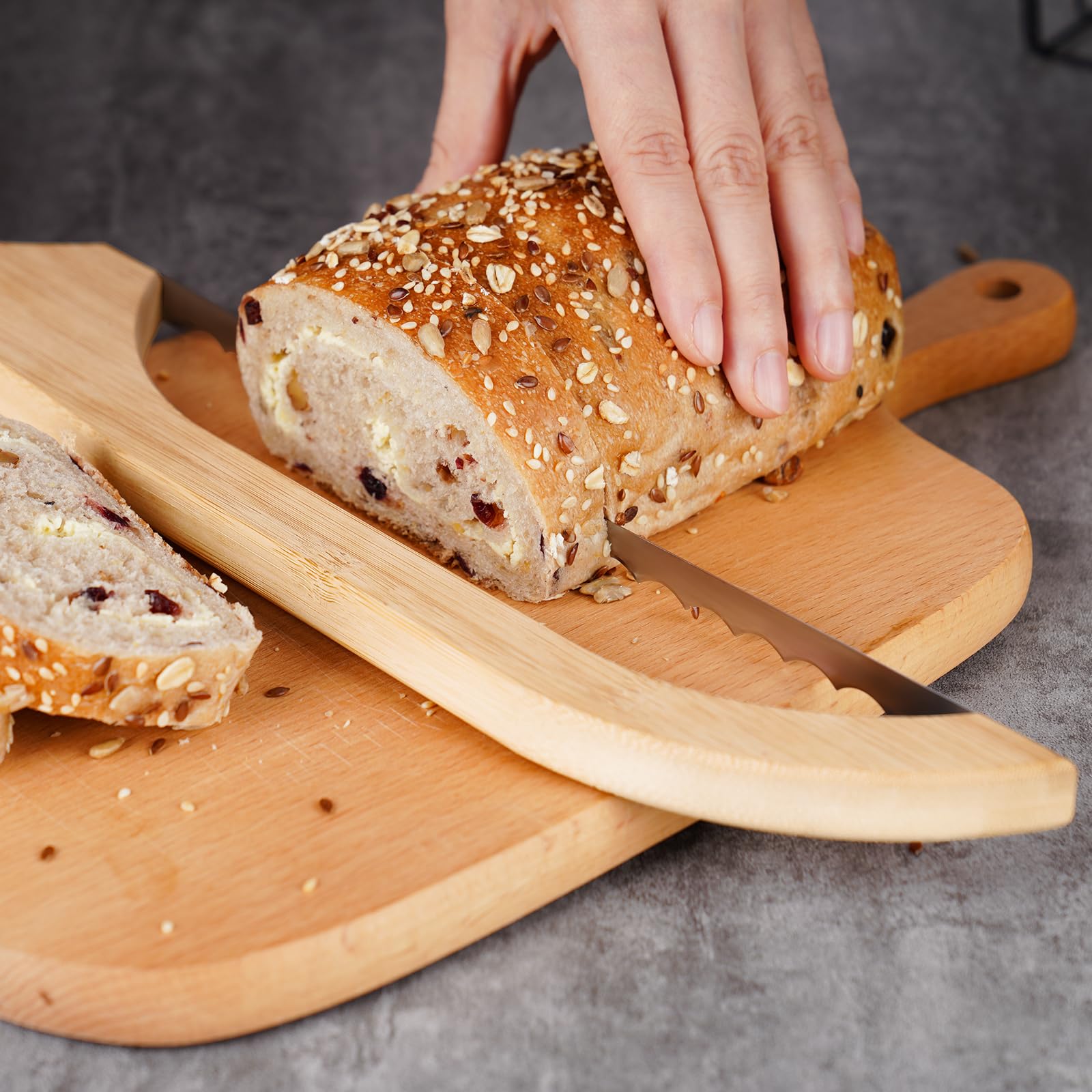 NiHome 15.7" Wooden Bread Bow Knife for Bread, Bagels, Fruits, Ergonomic Bamboo Handle Adjustable for Left or Right-Hand Use, Sharp Stainless-Steel Blade for Precision Slicing, Easy Storage Loop