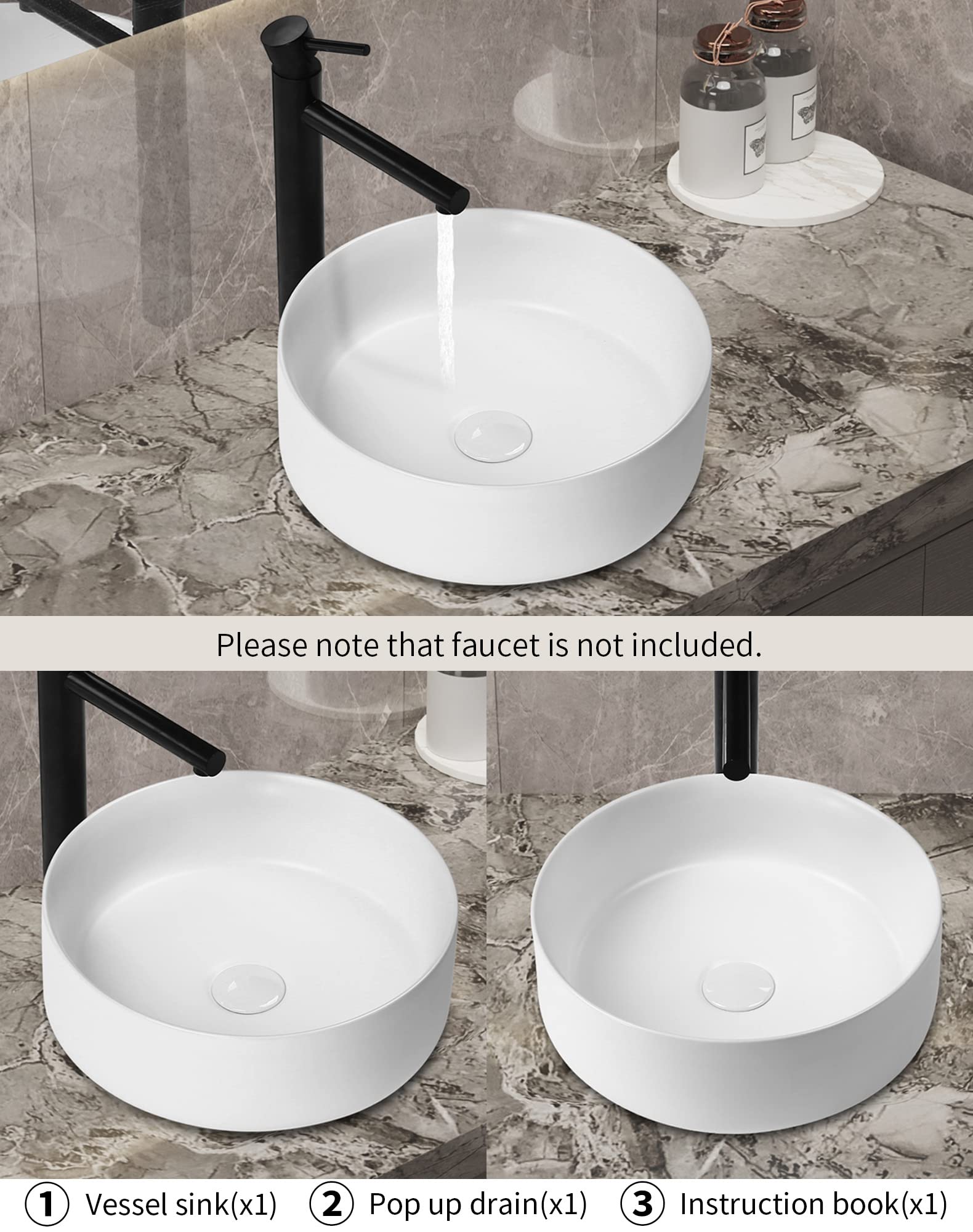 Bathroom Vessel Sink - SENTANI 14.4" Round Modern Above Counter Bathroom Sink - Porcelain Ceramic Vessel Vanity Sink Art Bowl Basin - Matte White