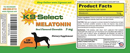 K9 Select Melatonin for Dogs, 3mg - 120 Beef Flavored Chewable Tablets - Canine Sleep Aid