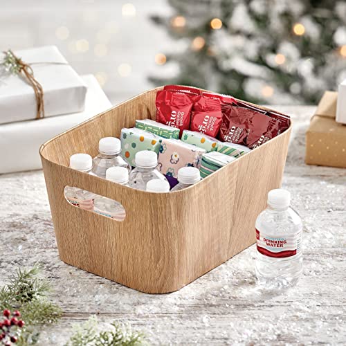 mDesign Wood Print Food Bin Box with Handles - Rustic Basket for Kitchen and Pantry Vegetable and Potato Storage - Perfect for Garlic, Onions, Fruit, and More - 12" Long - 2 Pack - Natural