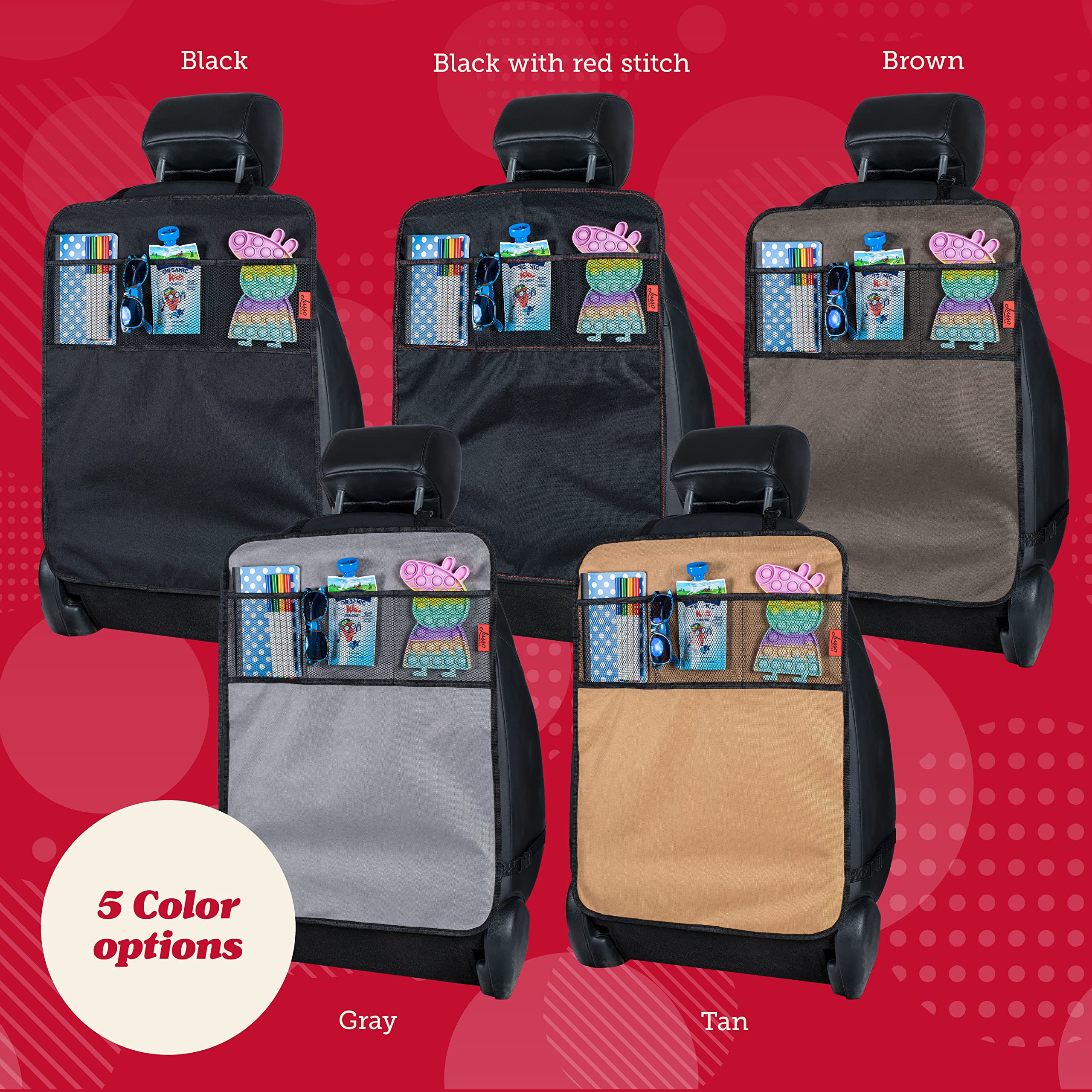 Lusso Gear Heavy Duty Kick Mats (2 Pk) - Waterproof Back Seat Organizer - Sag Proof Car Seat Cover for Kids - Black Kick Mats Car Protector with 3 Reinforced Storage Pockets - Backseat Protector