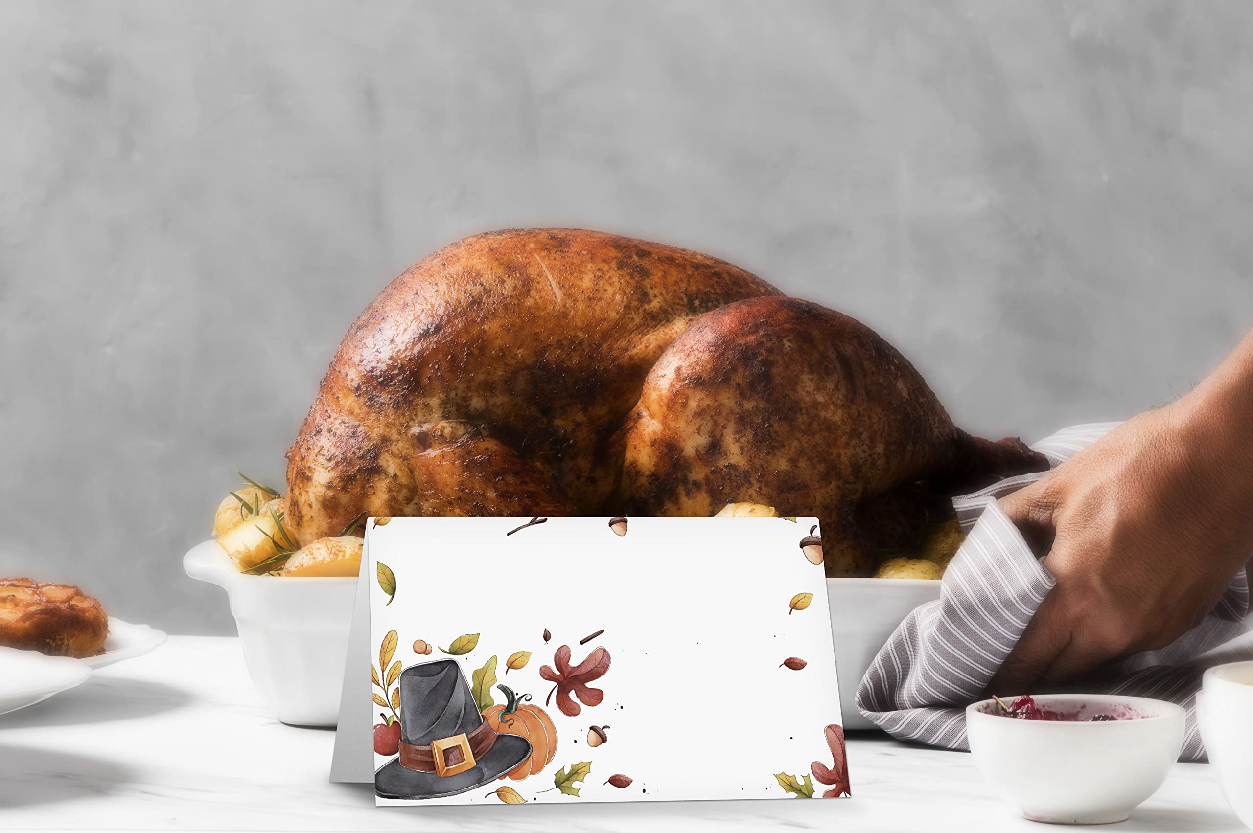 Table Place Card, Fall Thanksgiving Themed Tent Style Cards, Pack of 25 Half-Fold Reception Place Card with Top Hat and Pumpkin, Perfect for Thanksgiving Dinner, Party, Birthday, Wedding, Banquet A09