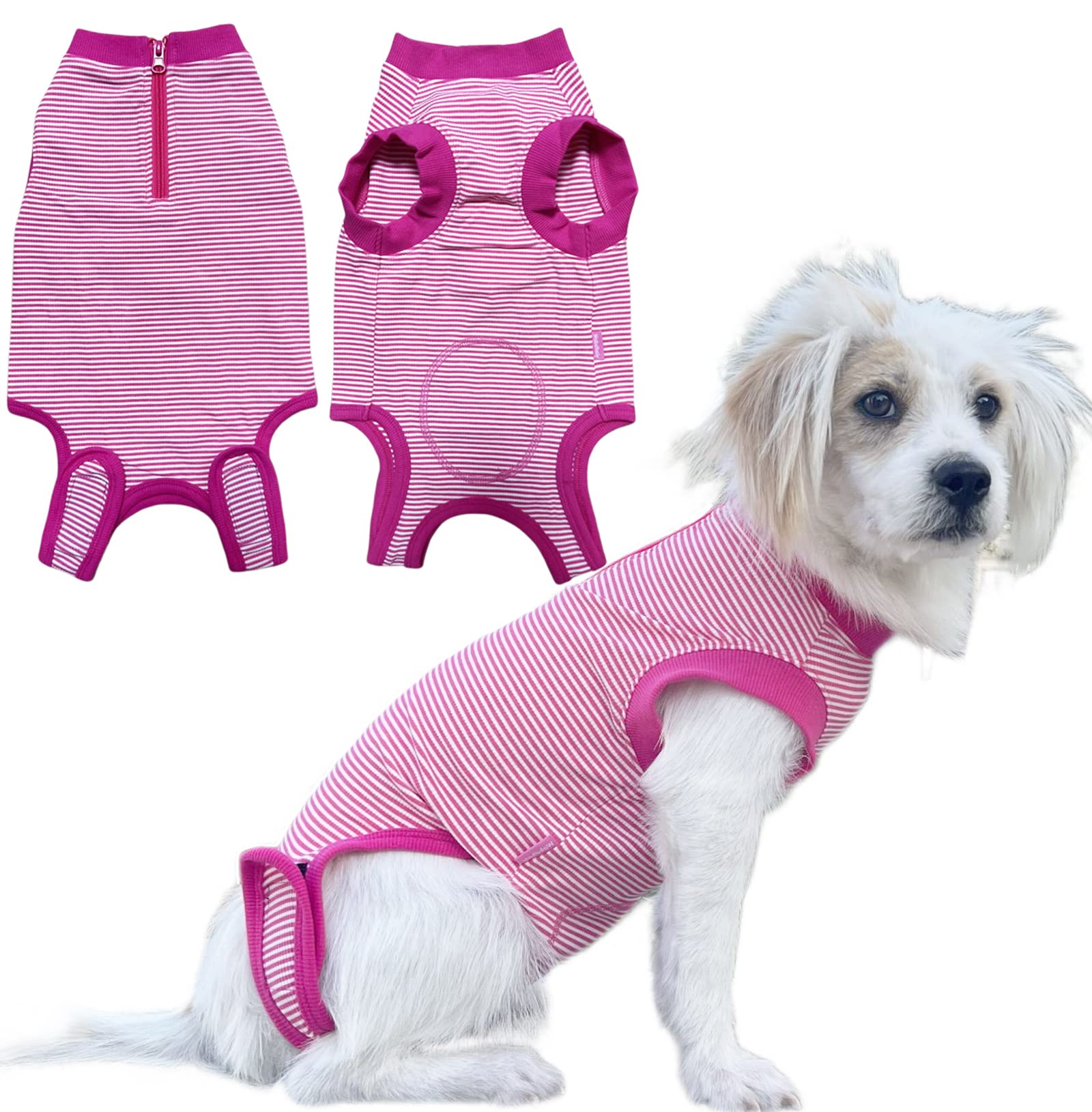 Wabdhally Dog Surgery Recovery Suit,Surgical Suit for Small Female Spay,Soft Combed Cotton,Rose Striped Zipper Onesie XS