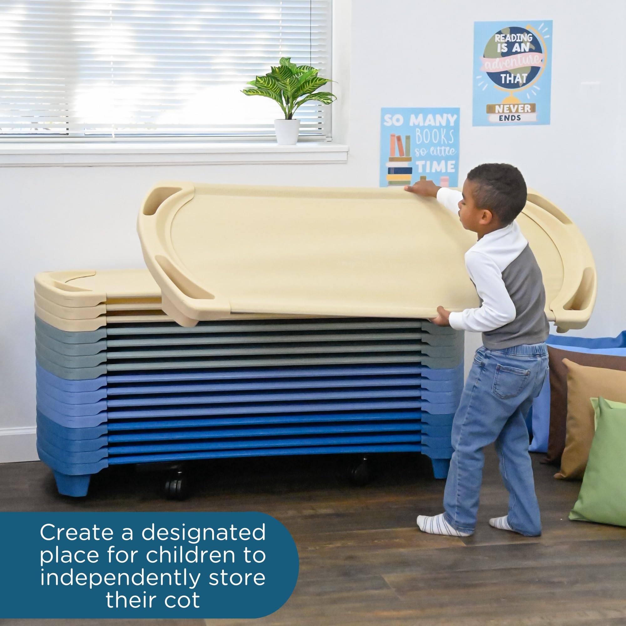 Angeles SpaceLine Nap Cots, Kids Daycare and Preschool Sleeping Cot, Standard Size, Set of 4, Sand
