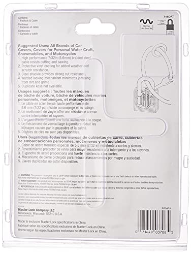 Master Lock 715DAT Braided Steel Car Cover Cable with Laminated Steel Padlock, 7 ft cable and 1-1/8 in. Wide Lock