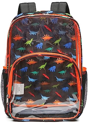 BLUEFAIRY Boys Clear Backpack Heavy Duty Stadium Approved Dinosaur Transparent Backpack Plastic See Through Bag for Kids for School Travel Gifts (Large Orange)