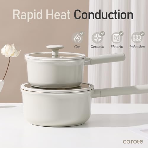 CAROTE 2QT+4QT Ceramic Saucepan Set with Lid, Nonstick Sauce Pans, Dishwasher Safe, Large Kitchen Pots Non-stick Cooking Pot Sauce Pan Set with 4 pcs for Kitchen, Induction Pot, PFOA Free