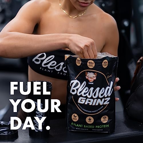 BLESSED Gainz Vegan Protein Powder Mass Gainer - 40g Plant Based Protein Powder - Meal Replacement Shake with Pea Protein Powder - Vegan Protein Shake - 40 Servings (Peanut Butter)