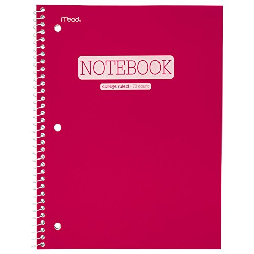 Mead Spiral Notebook, 1 Subject, College Ruled Paper, 70 Sheets, 10-1/2" x 7-1/2", Plastic, Color Selected For You, 1 Count (07178)