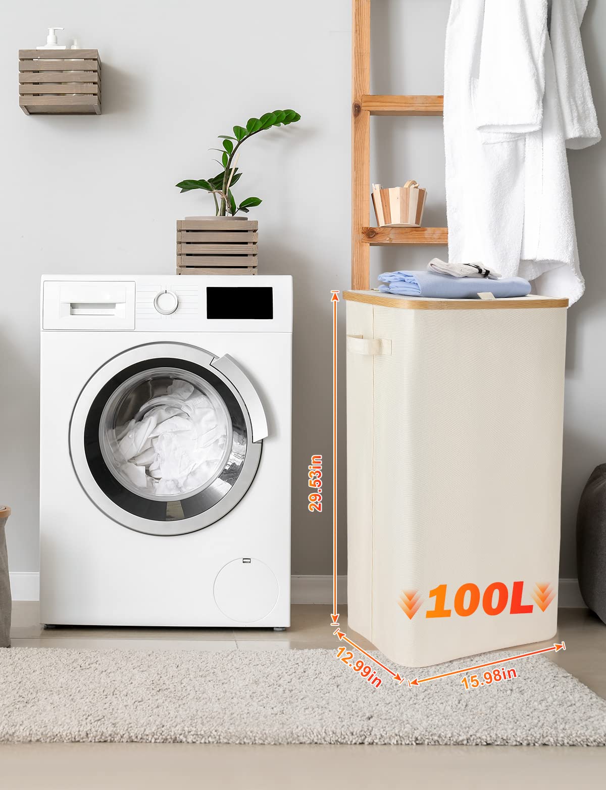 yamagahome Laundry Basket with Lid, 100L Collapsible Large Laundry Hamper with 2 Removable Laundry Bag and Upgrade Lid Design, Waterproof Laundry Basket Storage Made of Bamboo and Oxford